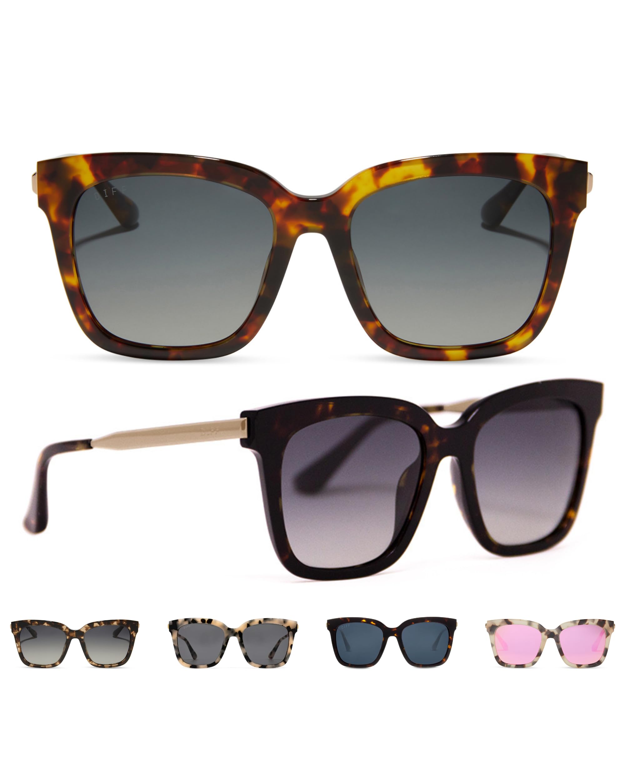 DIFF Bella Designer Square Oversized Sunglasses for Women UV400 Polarzied Protection w/giftable travel case, Amber Tortoise + Steel Gradient
