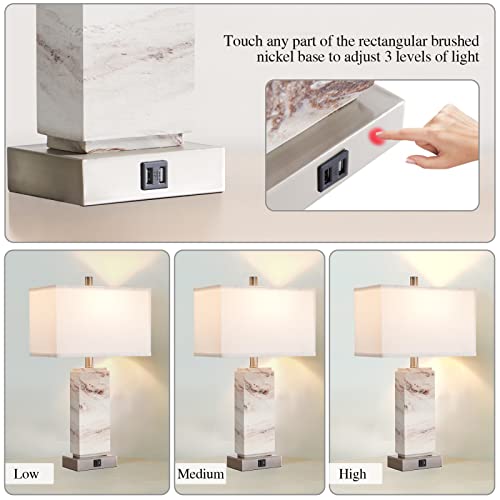 RORIANO Set of 2 Modern Table Lamps for Living Room, 3 Way Touch Dimmable Contemporary Coastal with USB Ports, Rustic Resin Nightstand Lamp Bedroom Bedside End Table, LED Bulb Included