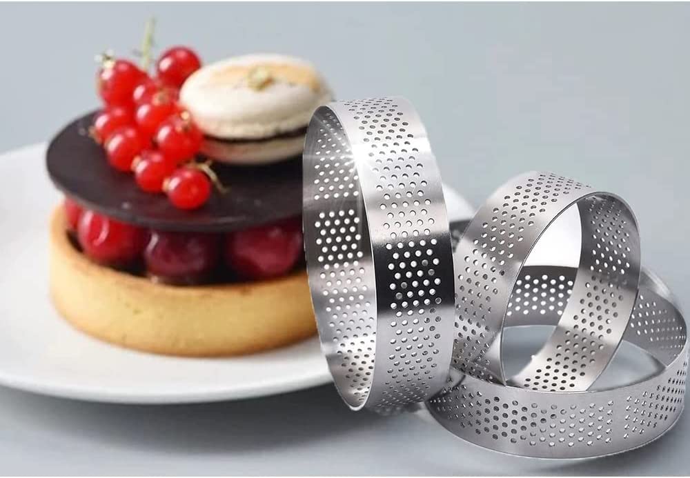 Exogio 10Pcs Circular Tart Ring 8 cm, Stainless Steel Porous Tart Bottom Ring, Heat-Resistant Perforated Pie Cake Mousse Mould Baking for Kitchen, Dessert Making