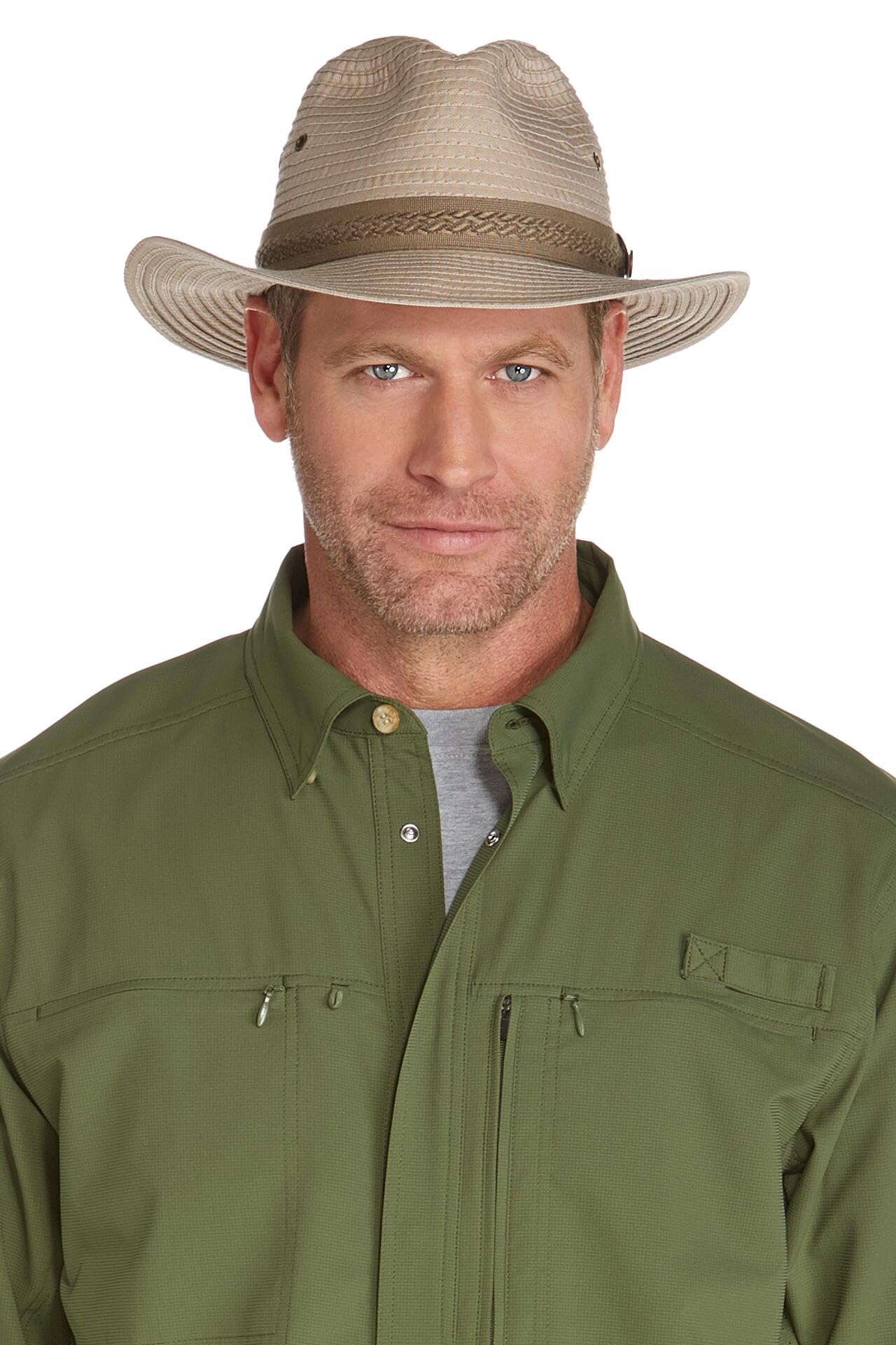 Coolibar UPF 50+ Men's Packable Travel Fedora - Sun Protective, Khaki, Large