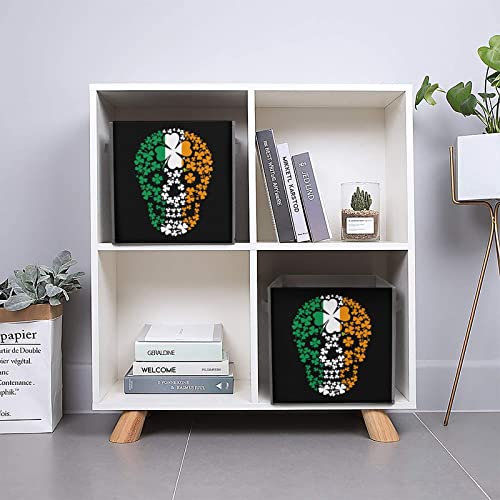 Irish Skull with Clover Foldable Storage Bins Printd Fabric Cube Baskets Boxes with Handles for Clothes Toys, 11x11x11