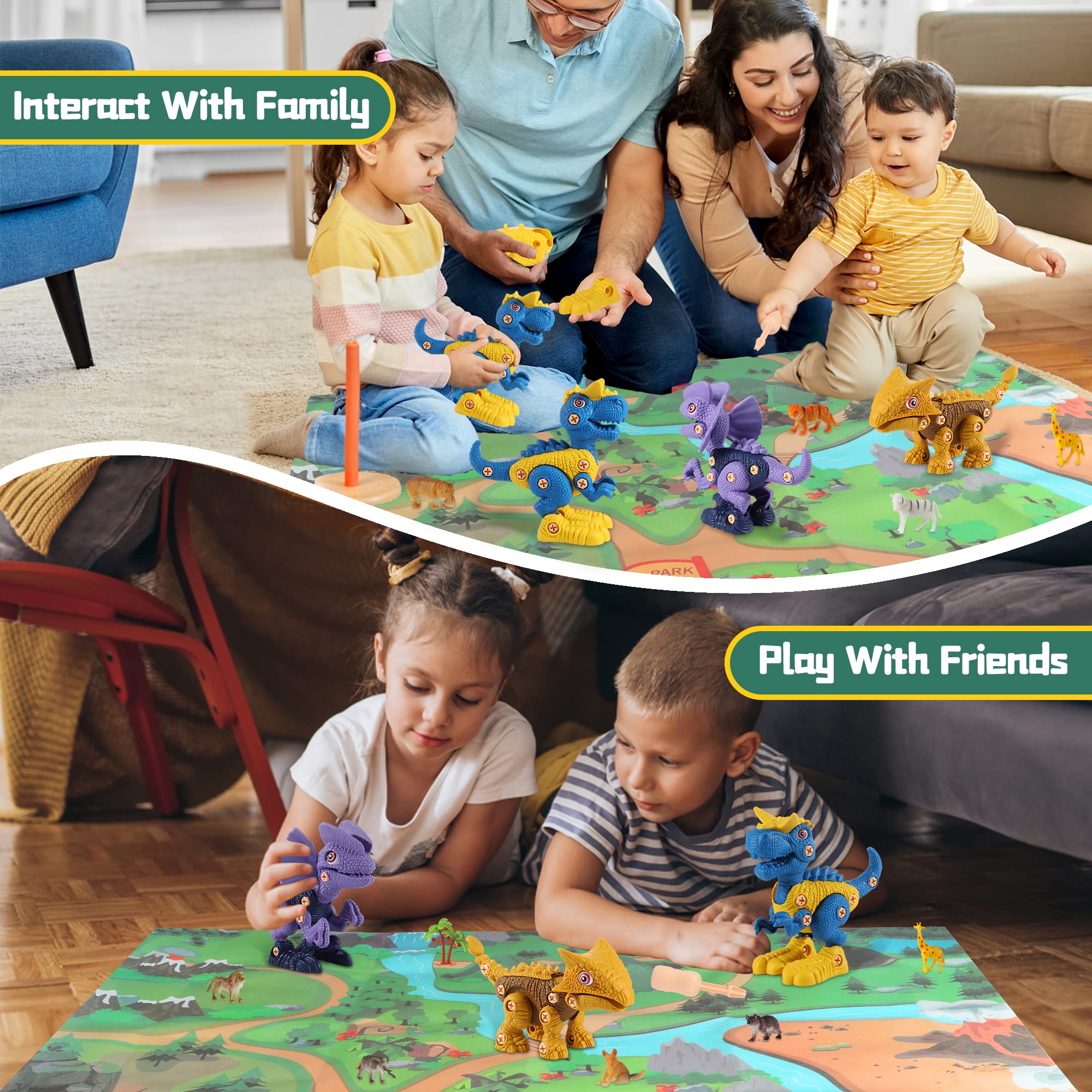 FLYINGSEEDS Take Apart Dinosaur Toys Playset for Kids Age 3 4 5 6 7 8 Year Old, STEM Learning Educational Building Construction Set with Activity Play Mat & Wildlife Figures for Toddlers Boys