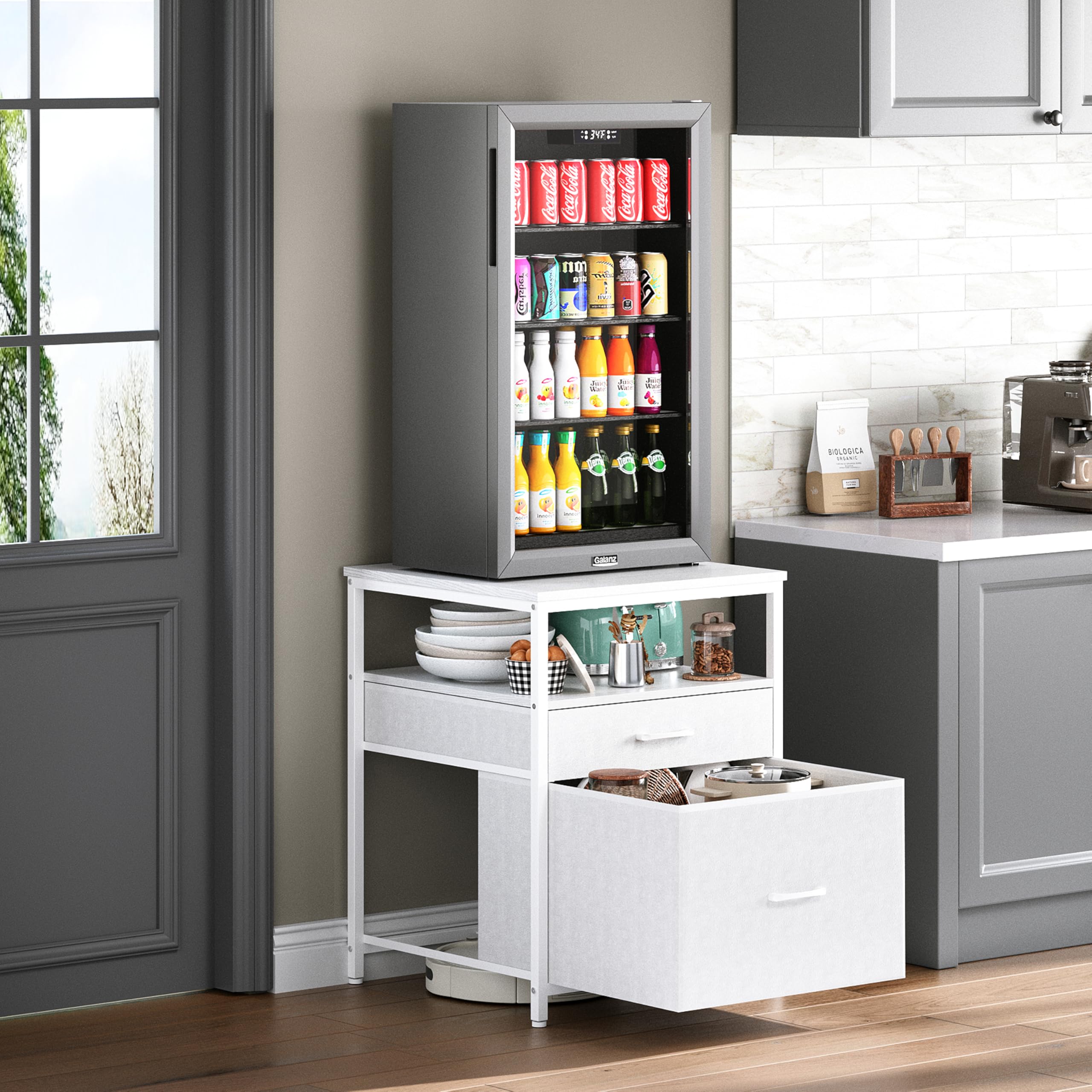 Herture Mini Fridge Stand with 3 Storage, Mini Fridge Cabinet, Beverage Fridge Table, Heavy Duty 21.3" L* 22.7" W Tabletop, for Dorm, Apartment,Office, Bedroom White HB01BXW