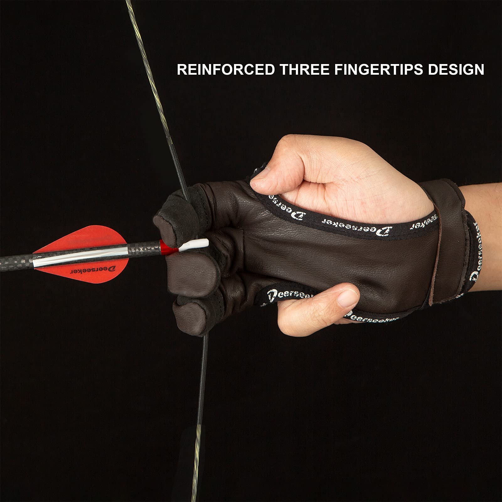 Deerseeker Archery Glove Handmade Leather Three Fingers Protective Archery Accessories Finger Tab for Takedown Recurve Bow Traditional Bows with LH/RH for Youth & Adult Beginners (Medium)