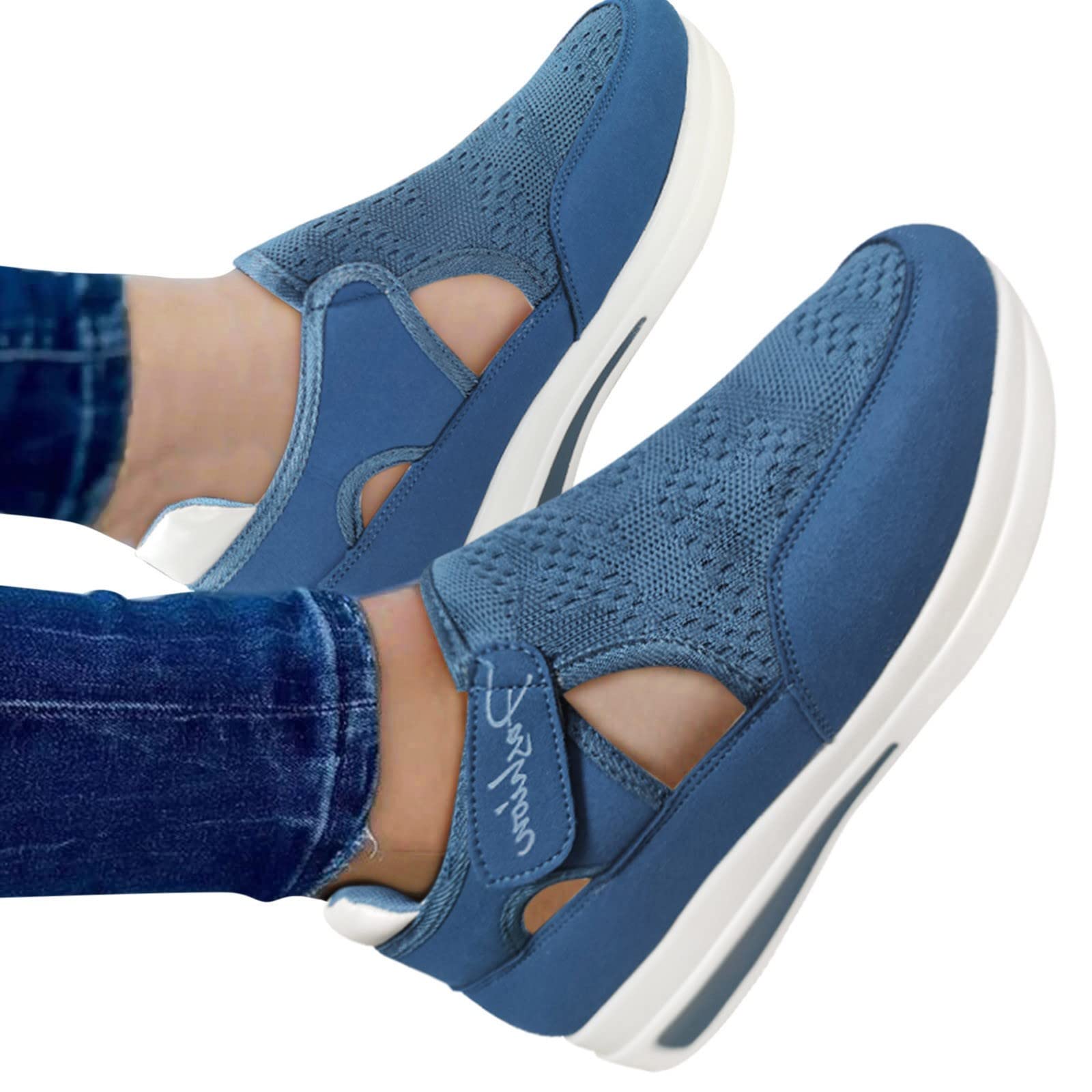 FASDNENDYS Mesh Breathable Loop Size Large Shoes Hook Heel Comfortable Casual Flat Women's Shoe Lace Blue