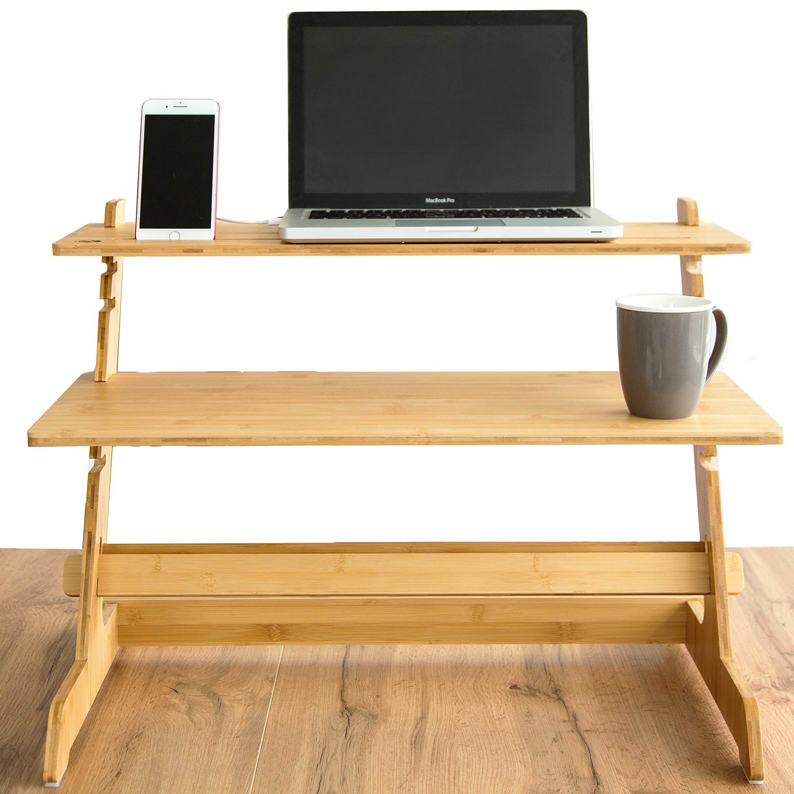 Crew & Axel 2023 (Updated) Standing Desk Converter 100% Natural Bamboo Adjustable Sit Stand Riser Workstation for Desktop or Laptop, Dual Monitor Stand - Home or Office Use (19β High 26β Wide)