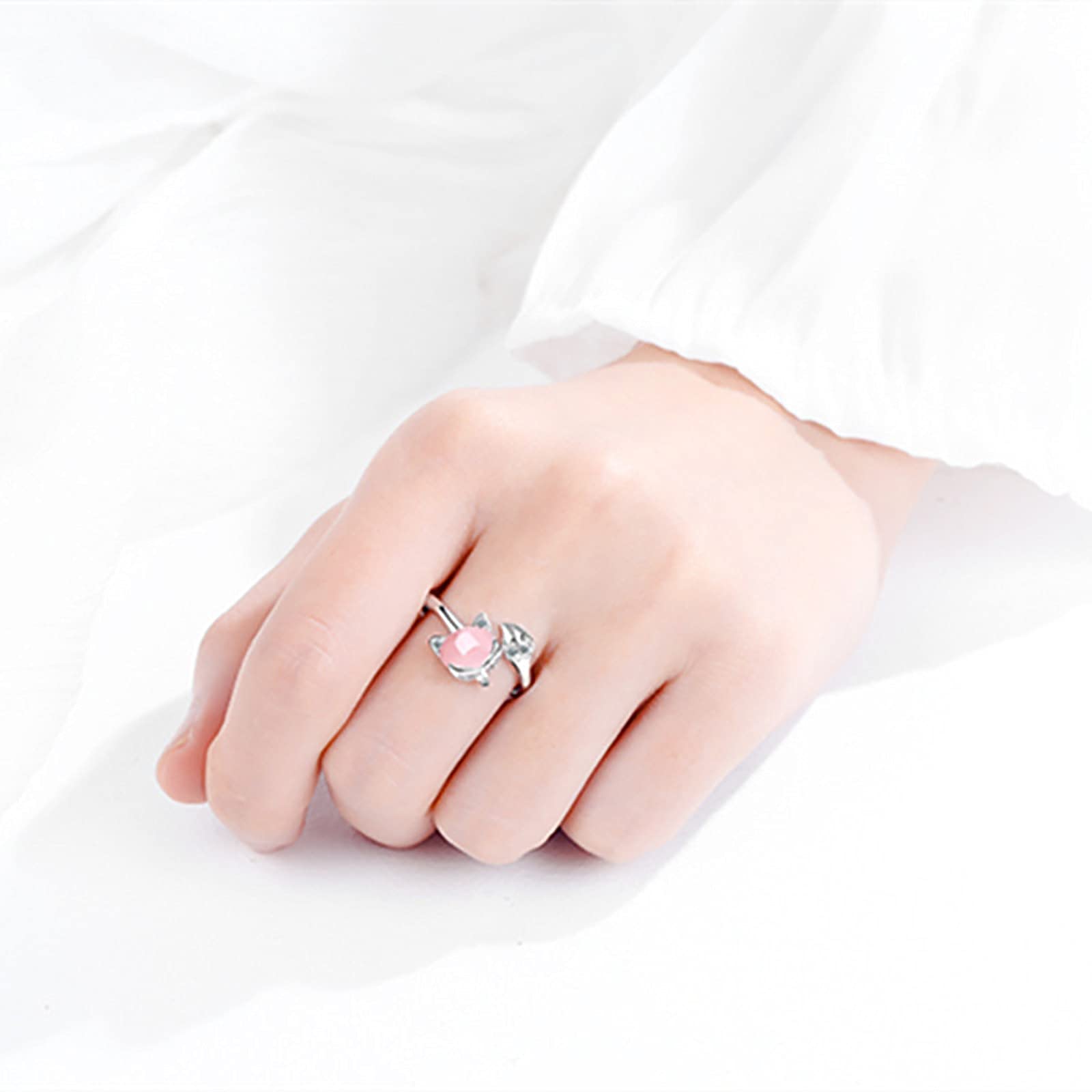 Fashion Inlaid Zircon Ring for Women Cute Fox Statement Ring Opening Ring (Silver, One Size)