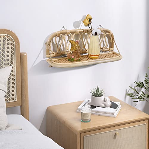 Mazjoaru Wall Shelves Rattan Shelf 16.5inch Handmade Boho Wall Decor Floating Rustic Decor for Bathroom Nursery Bedroom, Wall Mounted Natrual Rattan and Wood Storage Hanging Shelves