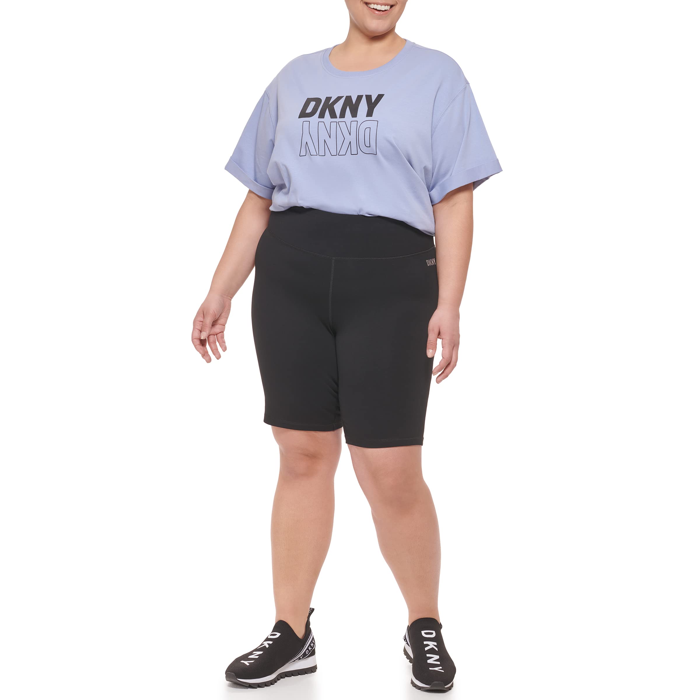 DKNY Women's Sport High Waist Logo Tape Bike Short, Black, 2X