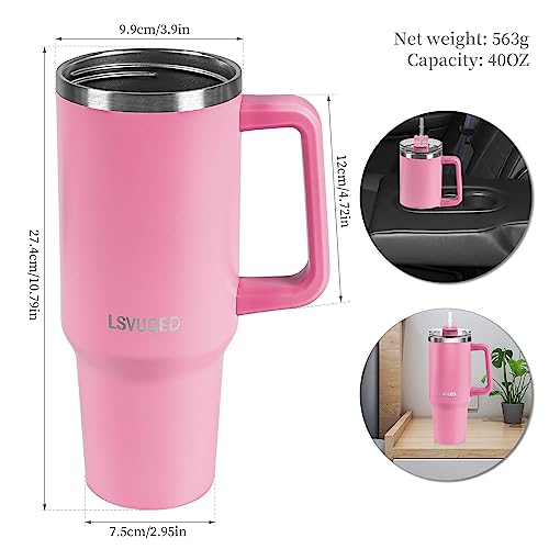 LSVUQED 40 oz Tumbler with Handle and Straw Lid, Insulated Reusable Stainless Steel Travel Mug Keeps Drinks Insulation up to 12 Hours, Leakproof Bottle for Water, Tea or Coffee and More.(Hot Pink)