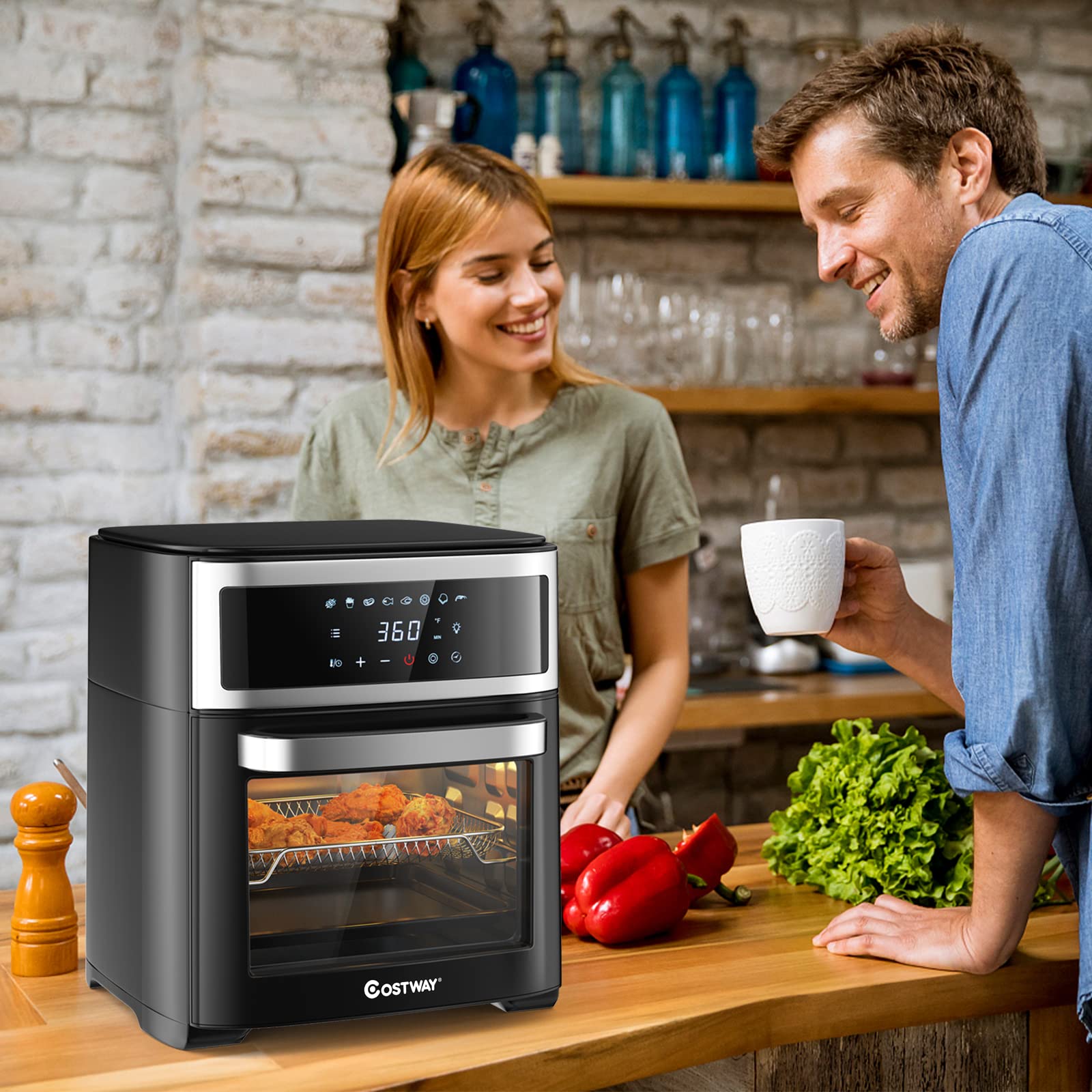 Costway 13.7-Quart Large Capacity Air Fryer with 8 Preset Cooking Menus, 360 Rapid Air Circulation Technology, 1700W Motor, Oil-Free Crispy Food, Smart Control Panel, 9 Accessories