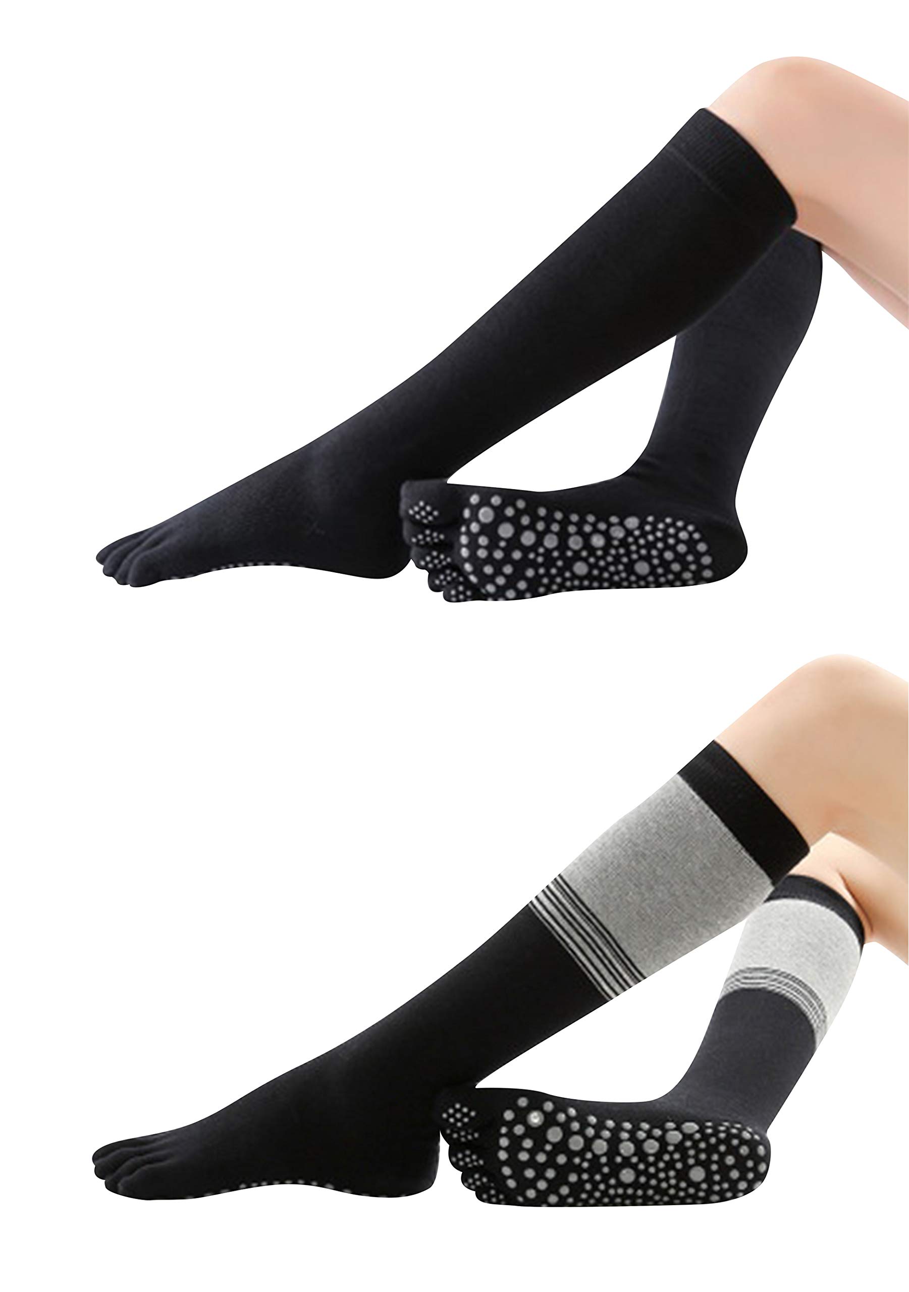 DIACACY Over Knee Non-Slip Skid Yoga Socks Five Toes Yoga Cotton Socks for Women BLK Stripe+BLK
