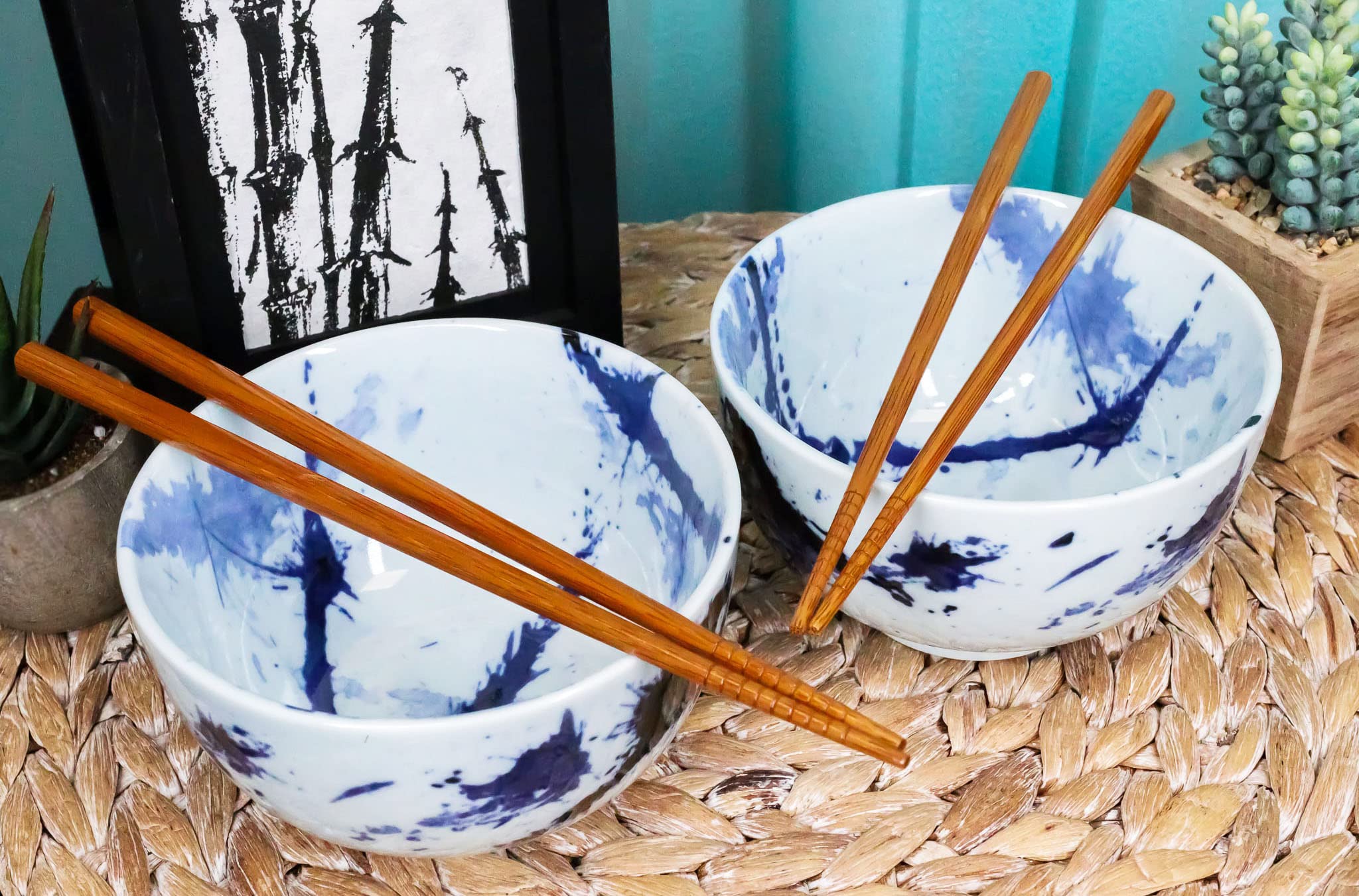 Ebros Gift Made In Japan Blue Splash Paint Abstract Art Design Porcelain Bowls With Bamboo Chopsticks Set Of 2 For Salad Ramen Pho Soup Cereal Home Kitchen Decorative Japanese Artistic Bowl