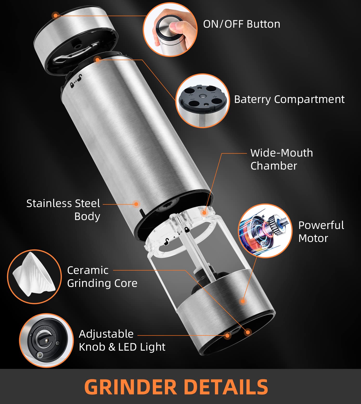 Electric Salt and Pepper Grinder Set Battery Operated, Automatic Refillable Stainless Steel Salt Grinder, 70ml Pepper Container, One Hand Operation, LED Light, Adjustable Coarseness, 2 Pack