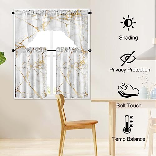 ULQUISNCE Marble Luxury Gold Tier and Swag Window Curtain Set, 3Pcs Kitchen Curtain Marble Art Valance Set White Rod Pocket Curtain for Kitchen Window Modern Unique Patterns