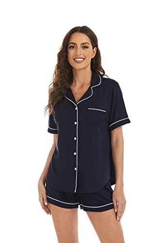 LUBOT Women's Pajamas Set Short Sleeve Button-Down Shirt PJ Pants Two-piece Shorts Set Summer Night Suit Sleepwear Loungewear (Navy Blue, M)