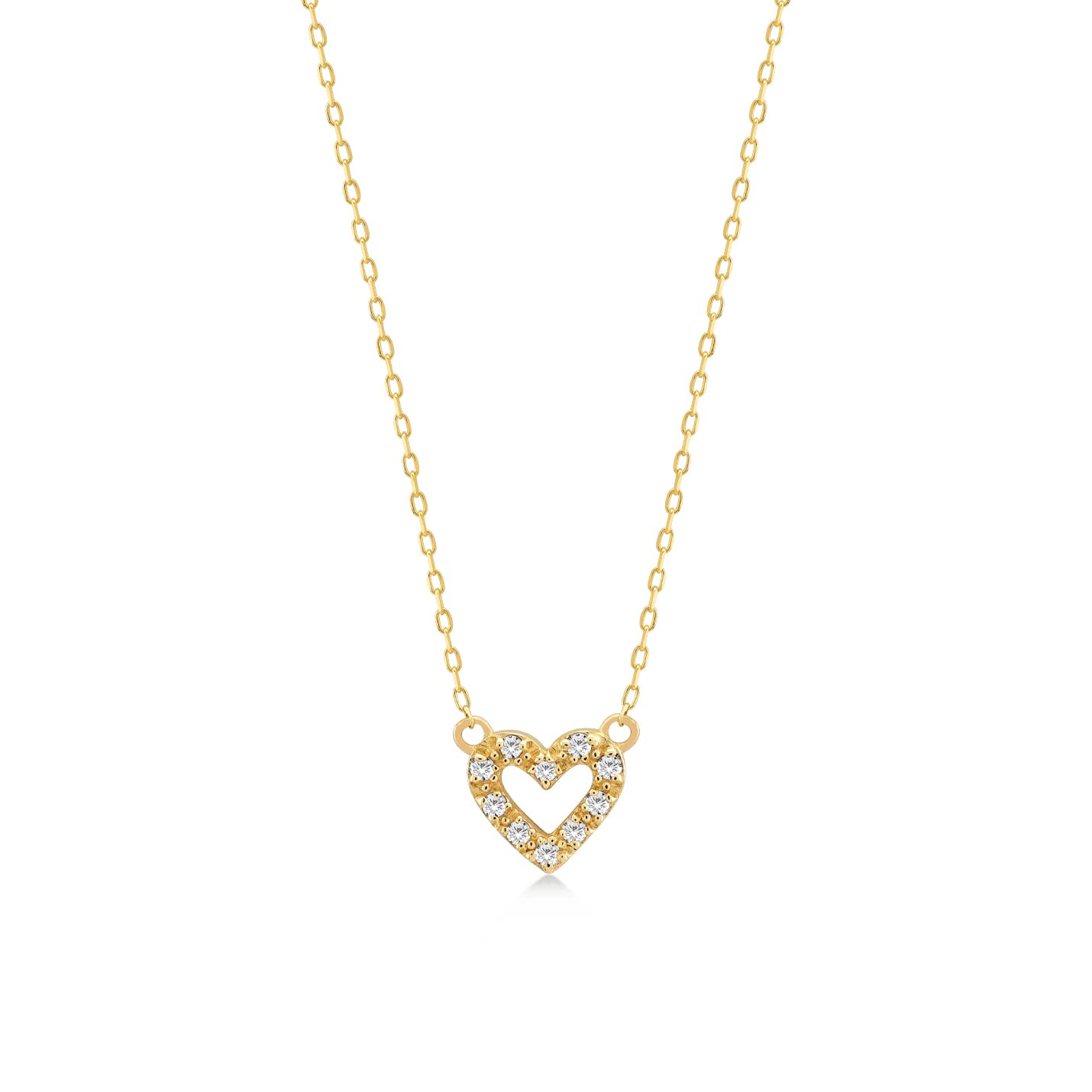 Diamond Heart Necklace | 14k Yellow Gold Open Heart Necklaces for Women | 14k Solid Gold Mini Heart Pendant Necklace | Dainty Pave Diamond Jewelry | Gifts for Birthday, 18"