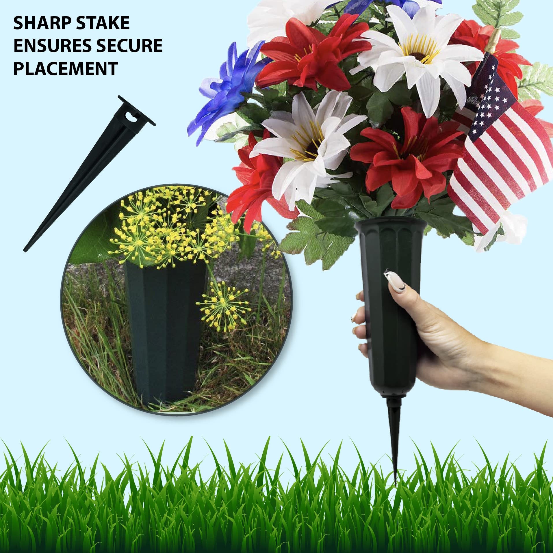 Essentially Yours Memorial Floral Vases with Foam Included - (Green, 6 Pack) | Outdoor In Ground Vases with Stakes, for Fresh and Artificial Flowers
