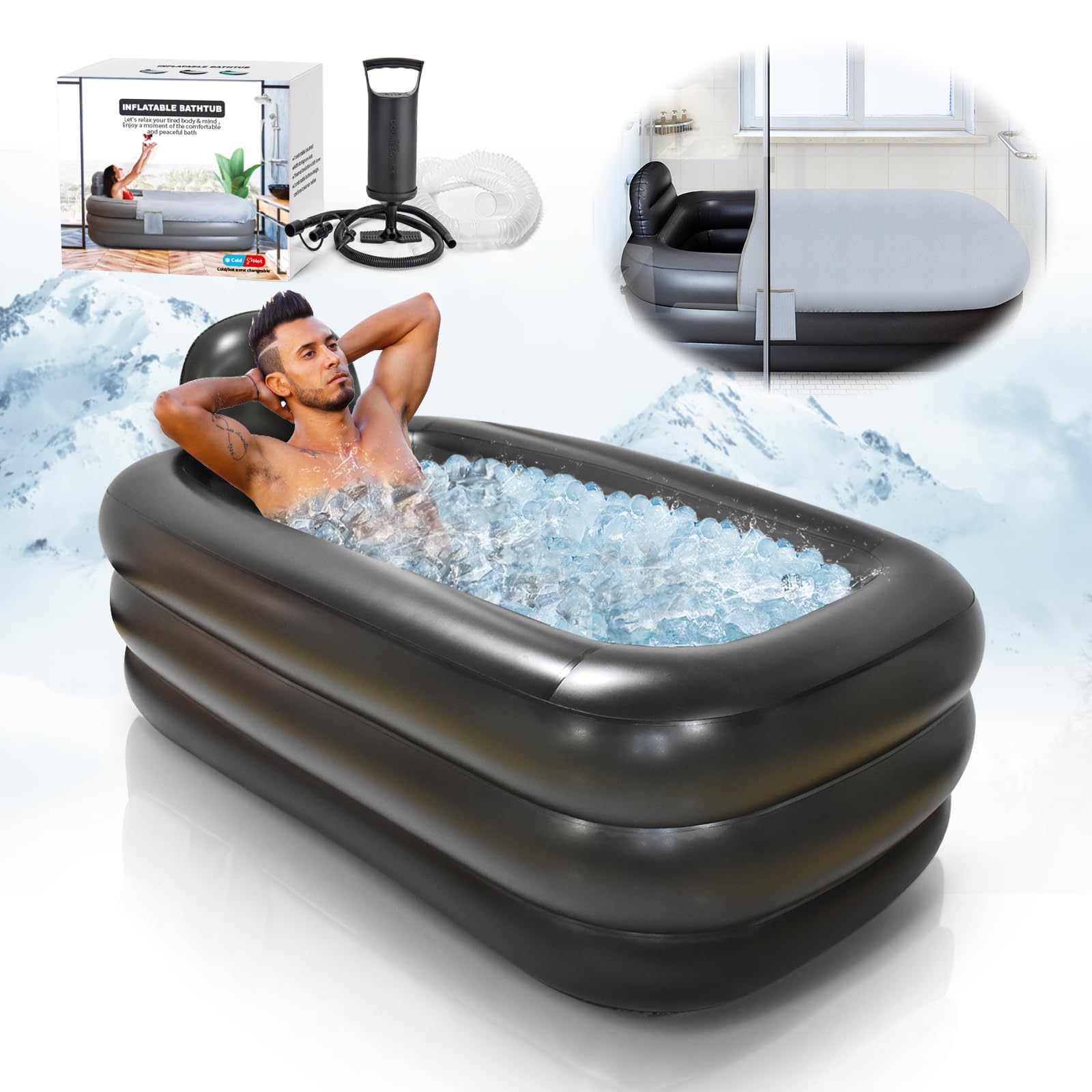 INFLATOAST Portable Bathtub Adult,Ice Bath Tub For Athletes,Inflatable Bathtub Including Air Pump,Easy To Inflate＆Drainage,Cold Plunge Tub,Portable Tub For Home SPA,Hot Bath＆Ice Bath (dark grey)