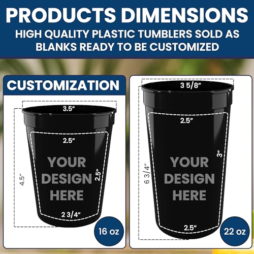 CSBD Stadium 12 oz. Plastic Cups, 10 Pack, Blank Reusable Drink Tumblers for Parties, Events, Marketing, Weddings, DIY Projects or BBQ Picnics, No BPA (Black)