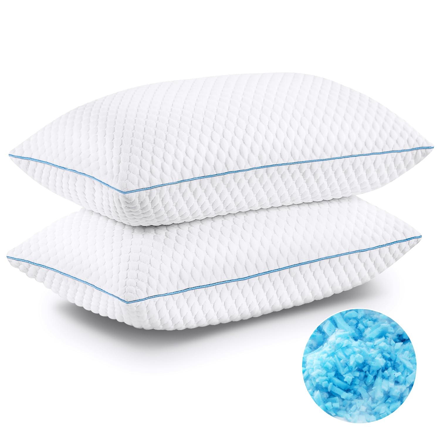 Cooling Bed Pillows Queen Size Set of 2, Shredded Memory Foam Pillows Cool Cold Pillow for Side Back Stomach Sleepers, Gel Pillow Adjustable Firm Pillows Soft Pillows for Sleeping 20x30 Pillow White