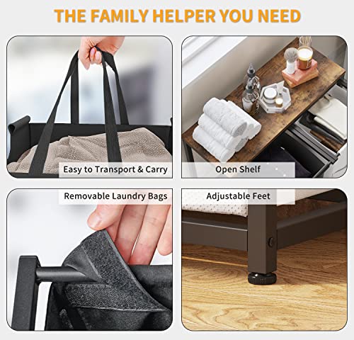 LIVEHOM Laundry Basket Double Laundry Hamper with Removable Bags, Fabric Handles, Large Top Shelf and Laundry Bag for Bathroom, Dorm, Laundry Room