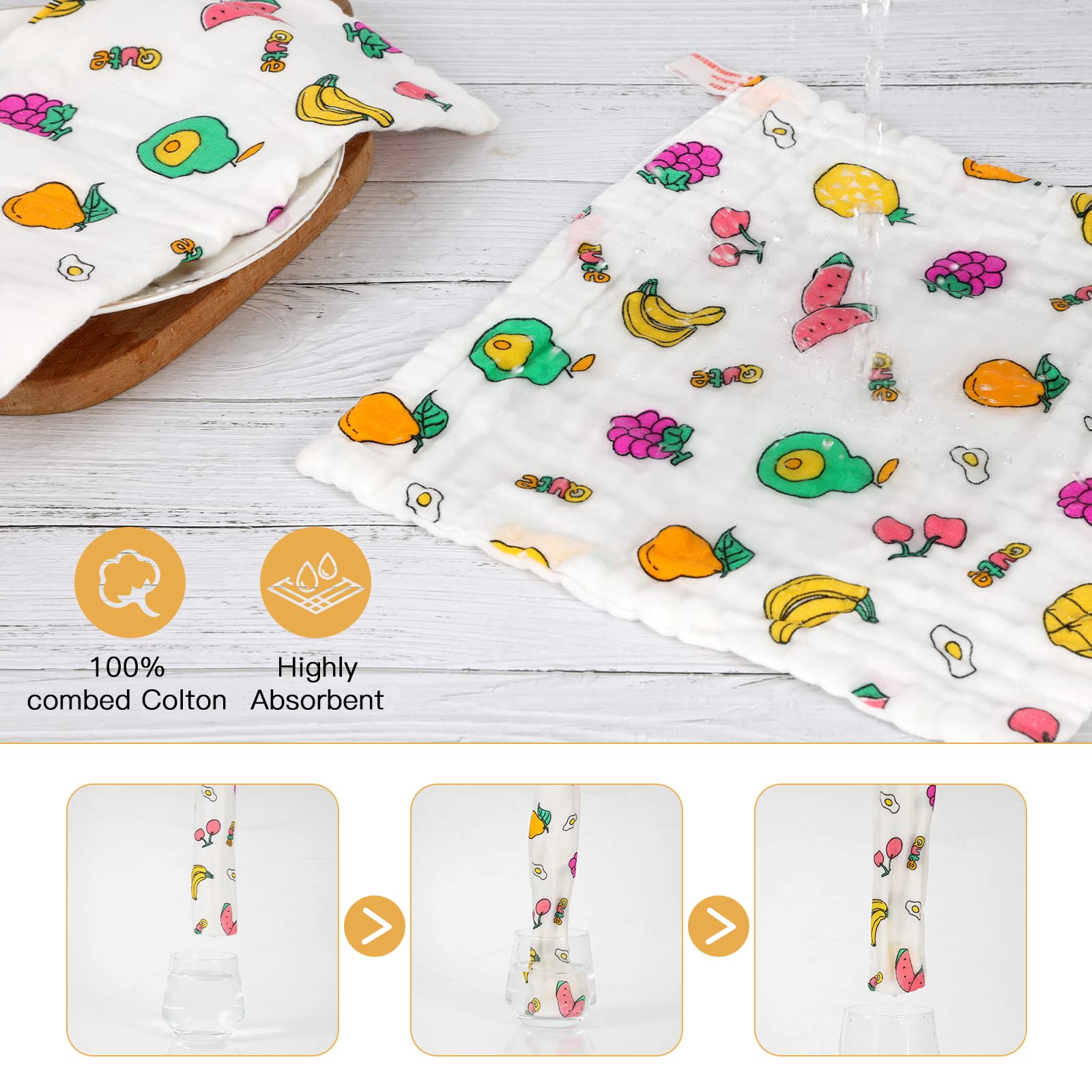 GIELYPANO 100% Cotton Absorbent Kitchen Dish Towels Set of 3,Gauze Kitchen Hand Towels, Ultra Soft Dish Towels Dish Cloths, Quick Drying Dish Rags - 12 x 12 Inches, 3 Pack (Fruit)