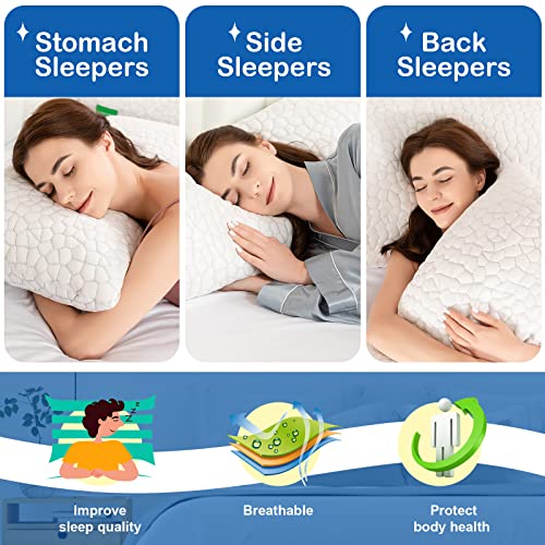 Cooling Pillows 2 Pack, Luxury Shredded Memory Foam Pillows Queen Size Set of 2, Cool Pillows for Side Sleepers Back Stomach Gel Bed Pillows for Sleeping with Removable Cover Rayon Derived from