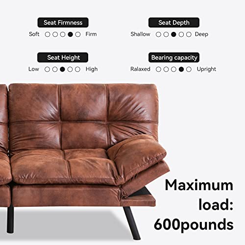 Opoiar Futon Memory Foam Couch Bed with Mattress and Frame Included,Comfortable Faxu Loveseat Sleeper Sofa for Dorm Apartment Office College Small Space Bedroom RV Living Room, Brown Leather
