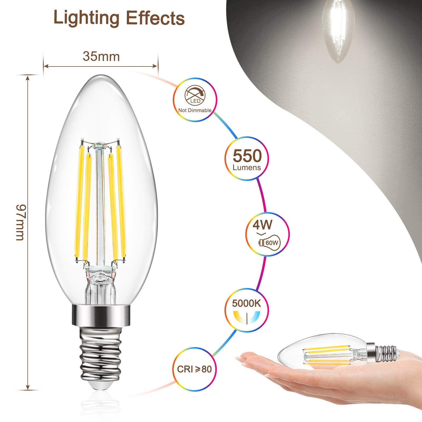 Defurhome E12 Candelabra LED Bulbs, 550LM, 60W Incandescent Equivalent, Daylight White 5000K, Non-Dimmable, C35 Filament Glass Bulb, Decorative Candle Light Bulbs - Pack of 10