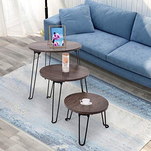 Round Tables Set 2 Wooden Nesting Coffee Table Set of 3 End Side Tables Living Room Sofa Snack Table Brown Home Living Room Bedside Tables Bedroom with Drawer (Grey, One Size)