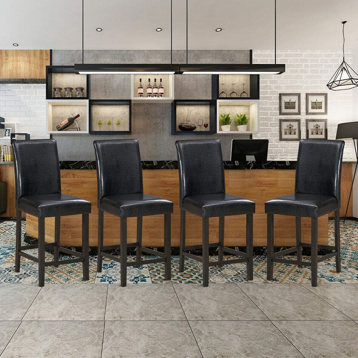 COSTWAY Barstools Set of 4, 25 inch Wooden Vintage Bar Chairs, Counter Stools w/Upholstered Foam Cushion & Solid Rubber Wood Legs, Classical Indoor Furniture for Bistro, Kitchen and Coffee House (4)
