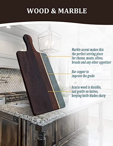 Fkksparkler Cutting Board with Marble and Wood, 16.5”X 7” Cheese Board with Handle,Serving board for Bread, Cheese, Meat, Fruits, and Vegetables, Charcuterie Boards for Kitchen as Serving Trays