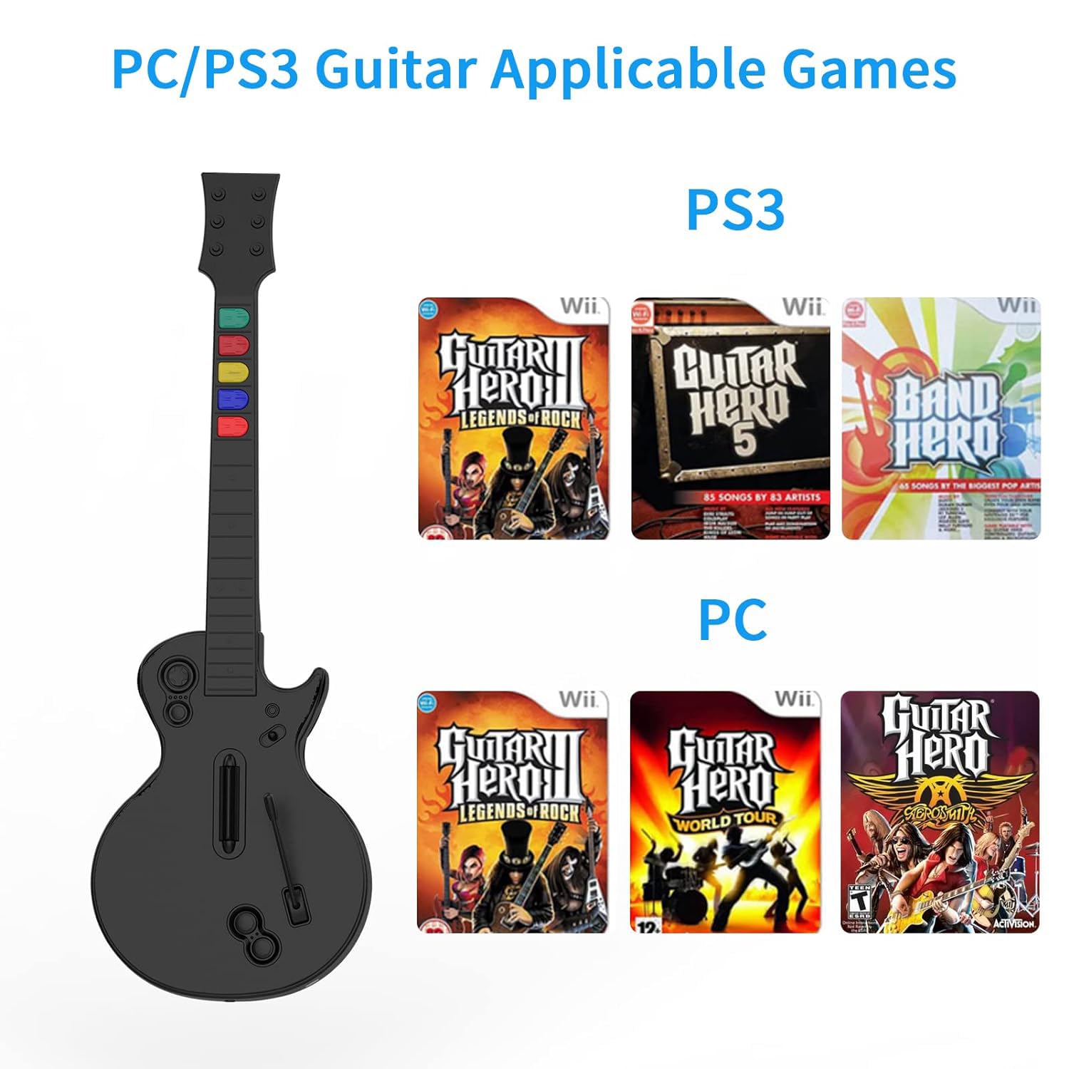 DOYO Guitar Hero Guitar for PlayStation 3 and PC, Wireless Black Guitar Controller with Strap for Clone Hero, Rock Band and Guitar Hero Games (5 Buttons)