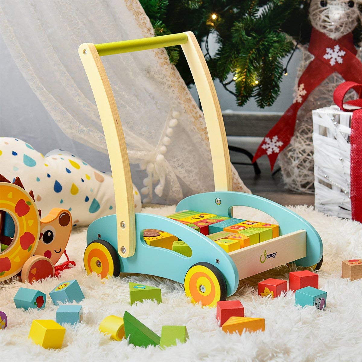 cossy Wooden Baby Learning Walker Toddler Toys for 1 Year Old Forest Theme Blocks & Roll Cart Push Toy (37 Pcs) Updated Version
