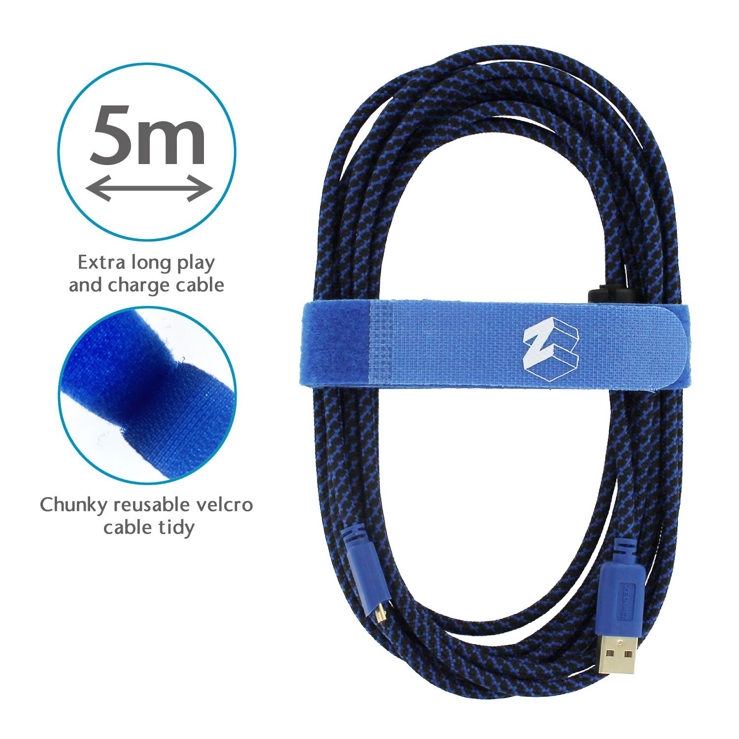 ZedLabz Ultra 5M braided charging cable for Sony PS4 controllers - gold plated flush fit extra long USB play & charge cable lead β Includes tidy and drawstring storage bag