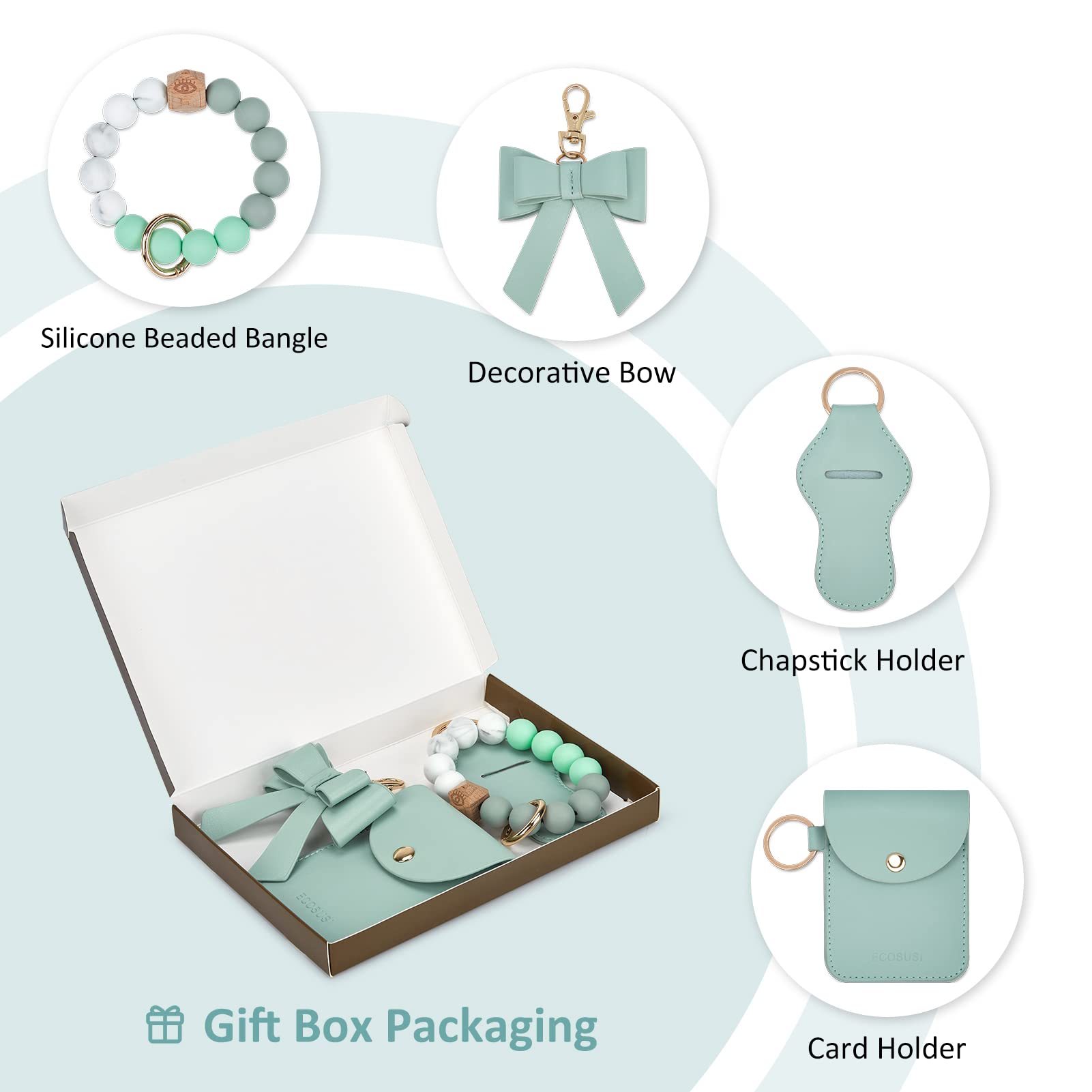 ECOSUSI Wristlet Keychain with Wallet Keychain Bracelet Silicone Beaded Key Ring Bangle with Chapstick Holder