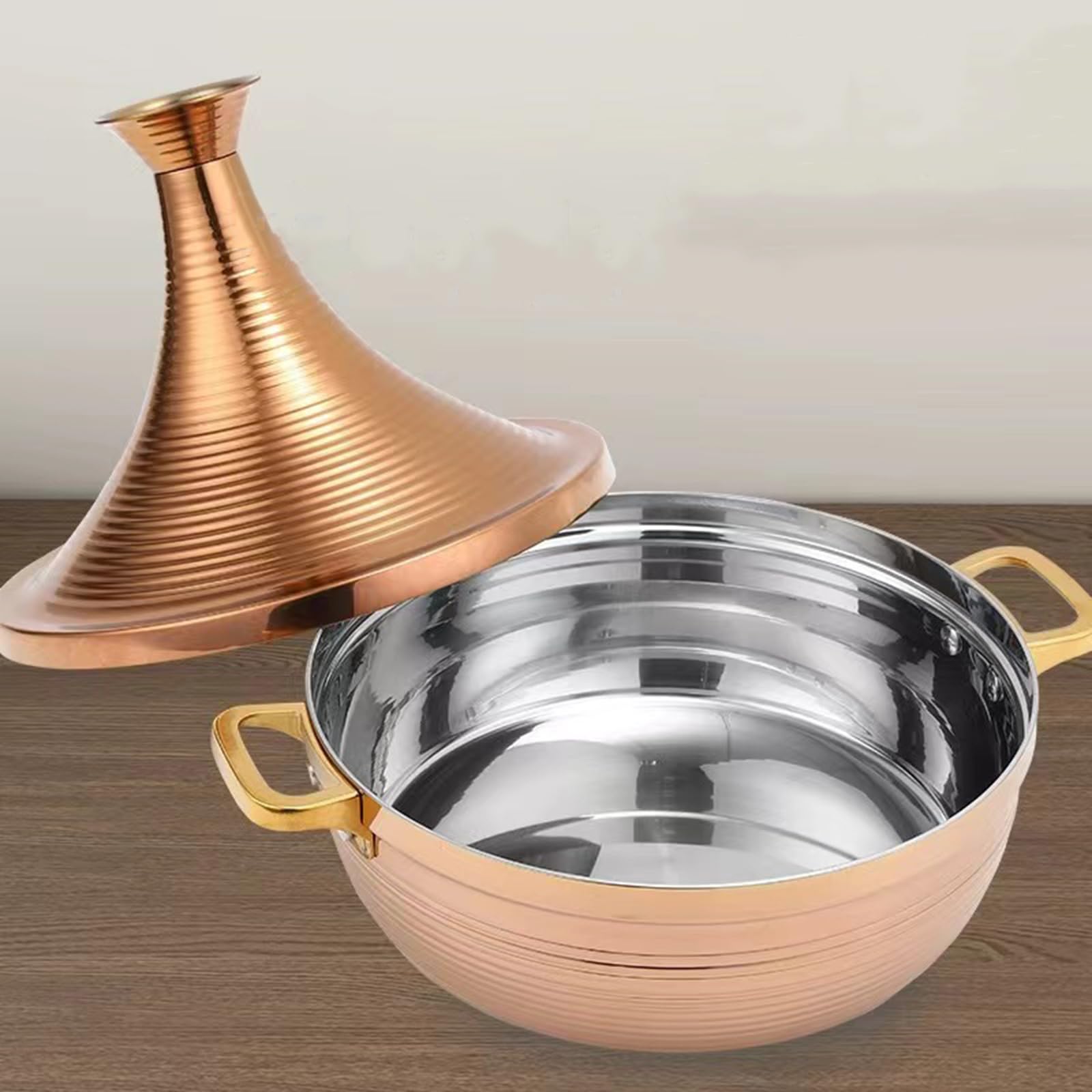 Hgjgwqh Moroccan Tagine Cooking Pot, 304 Stainless Steel Non Stick Tagine Pot with Cone-Shaped Closed Lid Large Moroccan Cooker Handmade Stovetop Pot,Gold,27cm