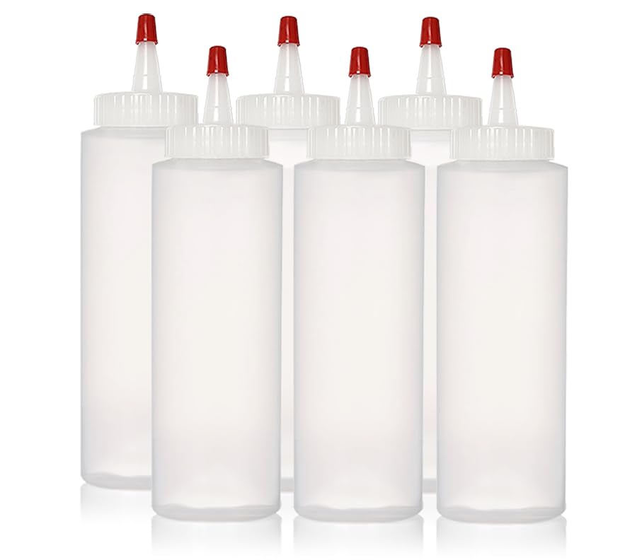 ljdeals 8 oz Plastic Squeeze Condiment bottles, Wide Mouth, Red Sealer Yorker Cap, Dispensing Bottles for Icing, Ketchup, Sauces and more, Pack of 6, made in USA