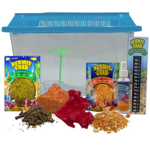 Ultimate All in One Hermit Crab Cage Starter Pack, Beginner Habitat Supplies Kit for Terrariums, Travel Cage, Food, Coral, Treats, and Thermometer, Colors May Vary, 7 Pieces