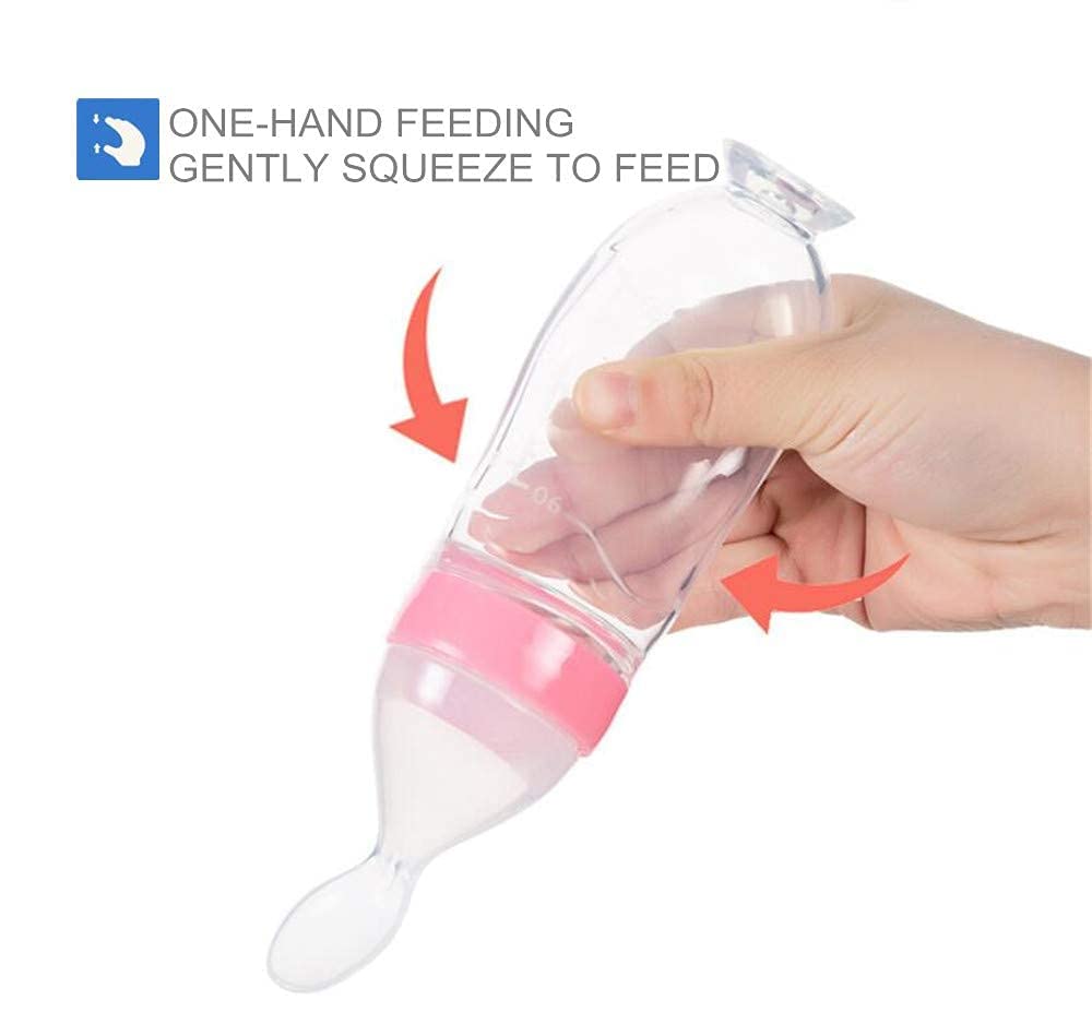 Gaodear Natural Touch Silicone Baby Food Feeder,Squeeze Cereal Bottle with Dispensing Spoon，Suction Cup Design,3 Ounce/Pink