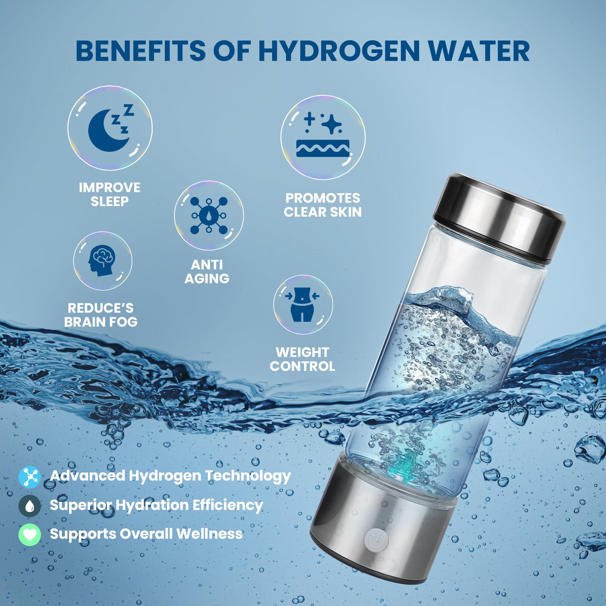 Hydrogen Water Bottle, Hydrogen Water Bottle Generator with SPE Technology Water Ionizer, Hydrogen Water Machine, Hydrogen Bottle, Hydrogenated water in 3 Min. for Home, Office, Exercise, Type C