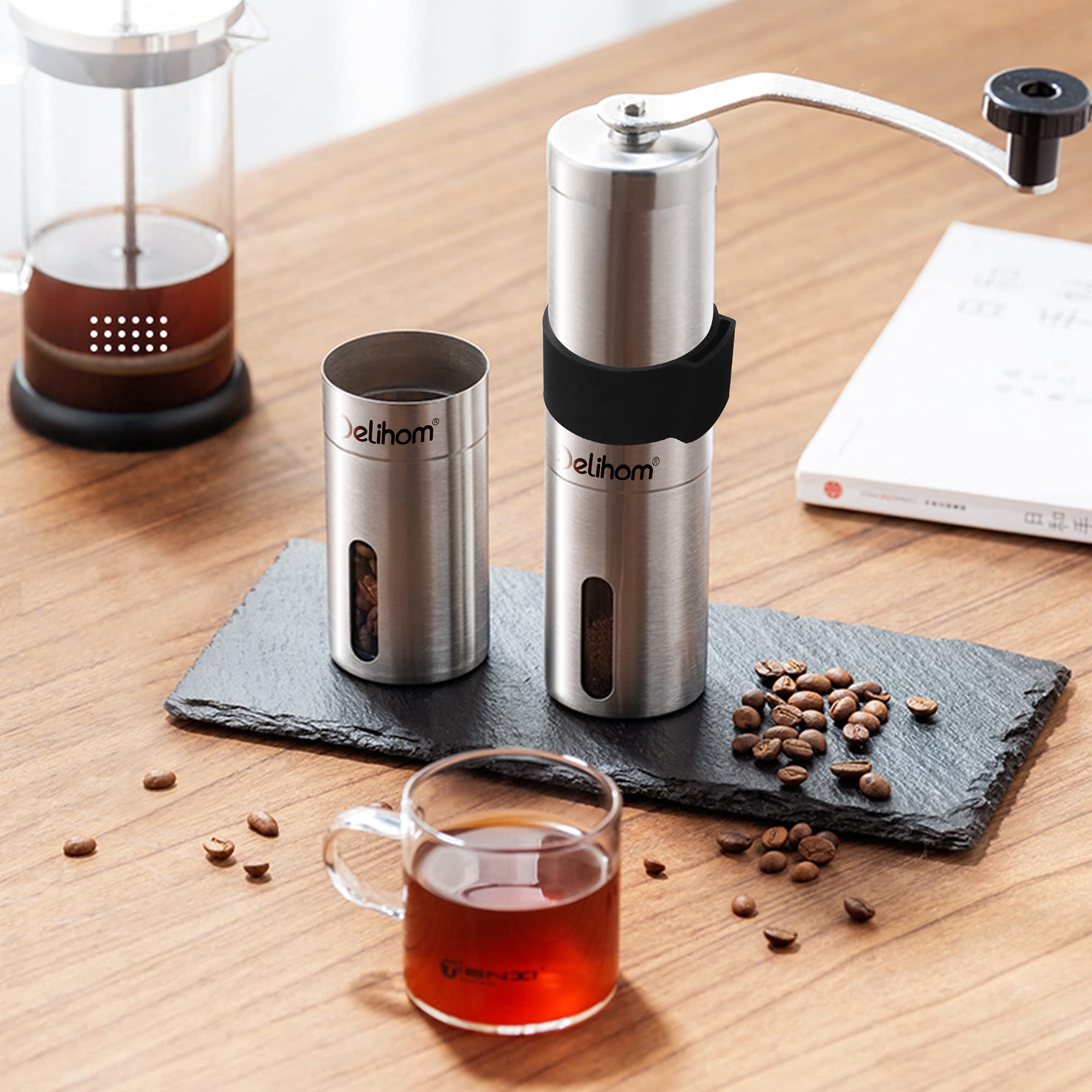 Delihom Manual Coffee Grinder, Hand Coffee Grinder with Adjustable Ceramic Burr for Drip Coffee, Espresso, French Press Used in Home and Travel (1.5oz)
