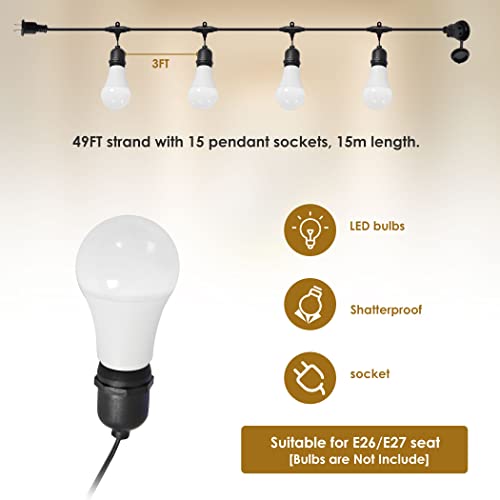 FRIXCHUR 49 FT Black Outdoor String Lights Waterproof Connectable Hanging Lights for Backyard Porch Deck Garden E26 Socket Base Patio Lights (Light Bulb not Included)