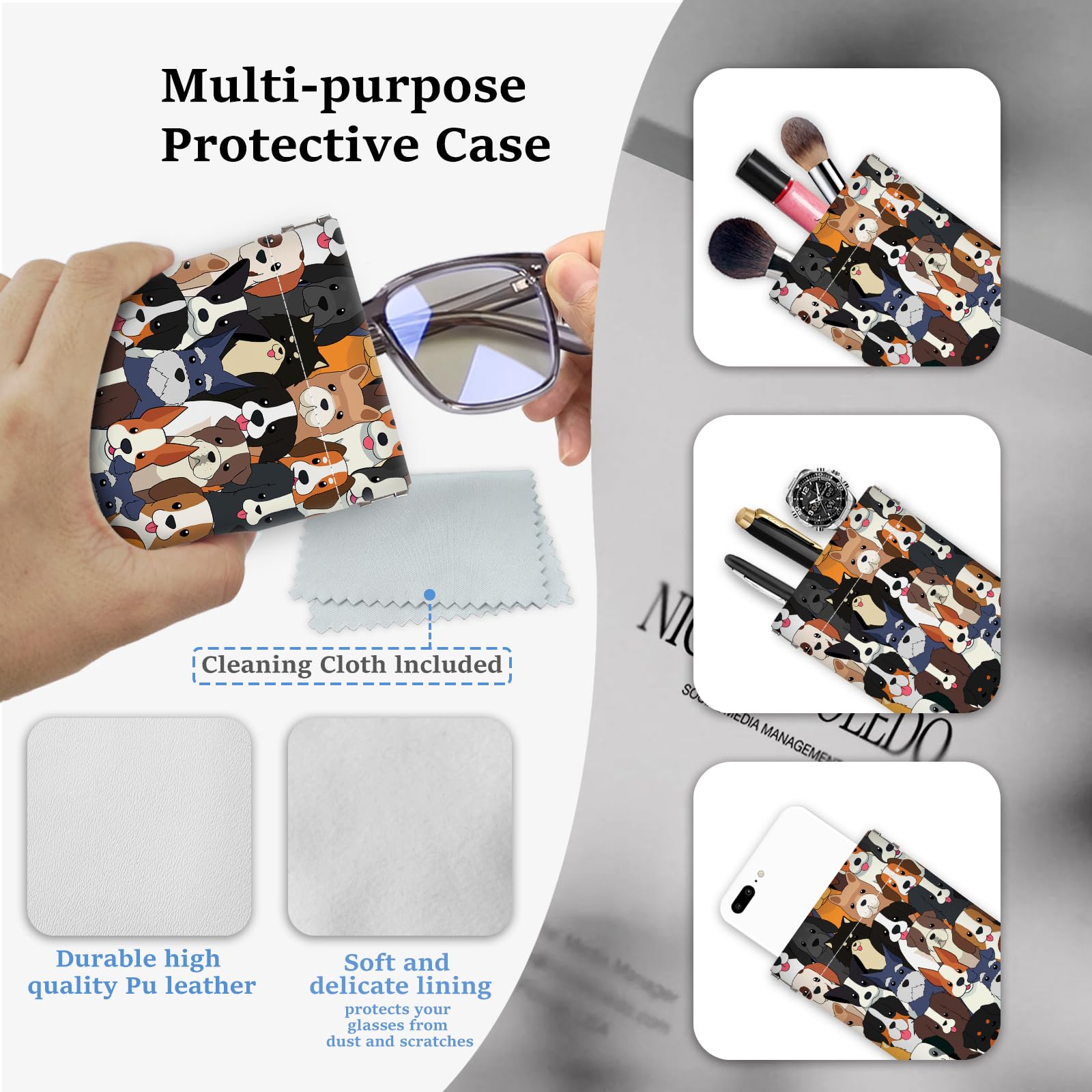 Einzelnn Sunglass Eyeglass Glasses Case Soft, Squeeze Top Portable Travel Leather Soft Sunglasses Case Pouch Bag for Women Men Cute Dogs