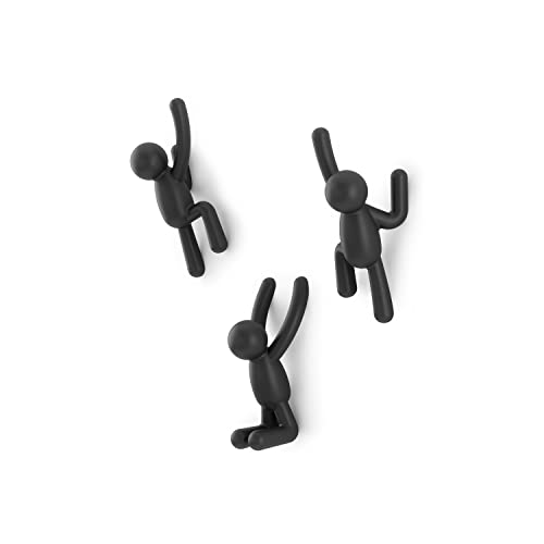 Umbra Buddy Wall Hooks – Decorative Wall Mounted Coat Hooks for Hanging Coats, Scarves, Bags, Purses, Backpacks, Towels and More, Set of 3, Black