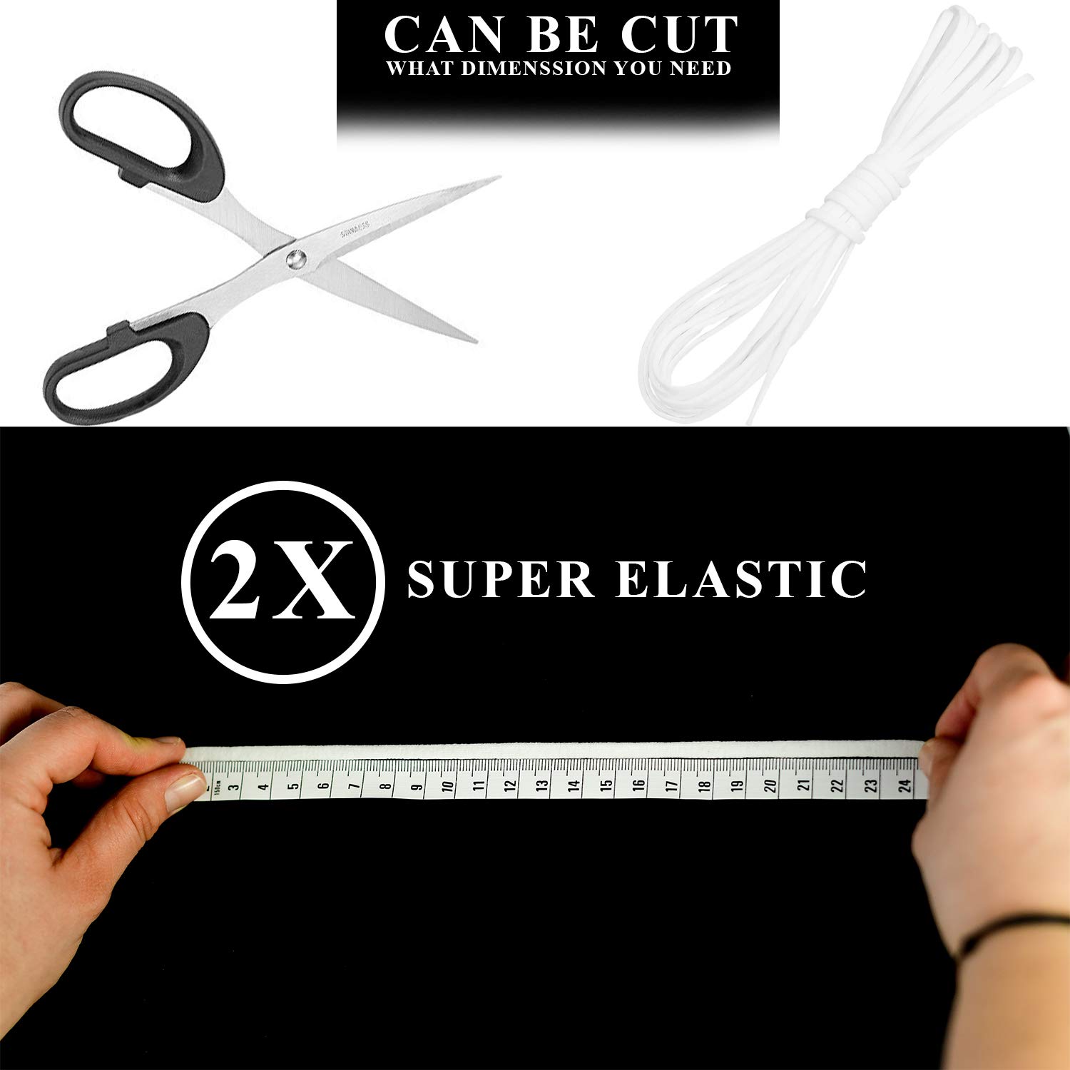 Elastic Band for Sewing 100 Yards Elastic String White DIY Mask Soft Cord for Mask Rope Roll with Needles and Soft Tape Measure Double Scale Knit Elastic