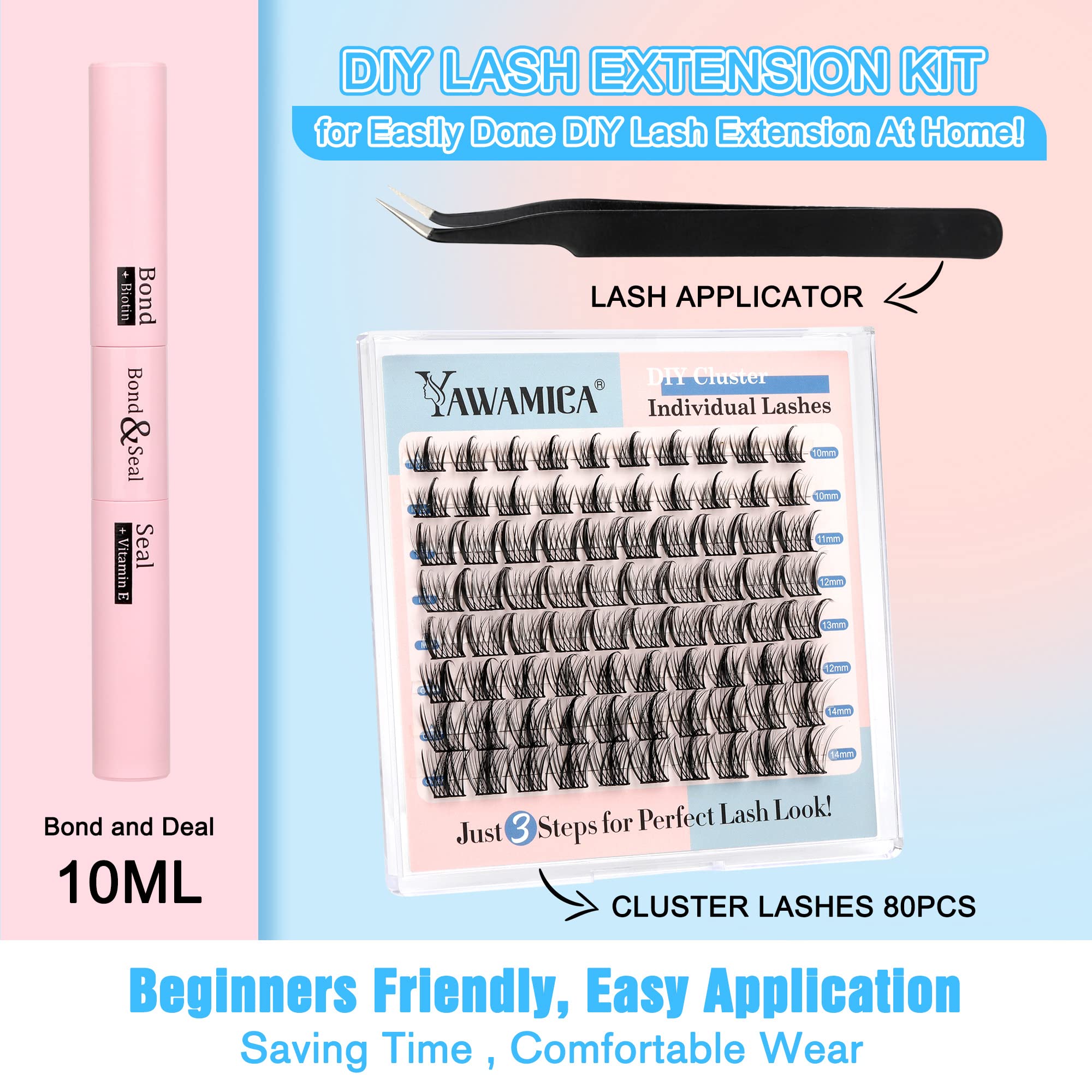 DIY Lash Extension Kit, Lash Cluster 80 Pcs with Strong Hold Lash Bond and Seal and Cluster Eyelashes Applicator Tool Eyelash Extensions Kit for Self Applicator at Home