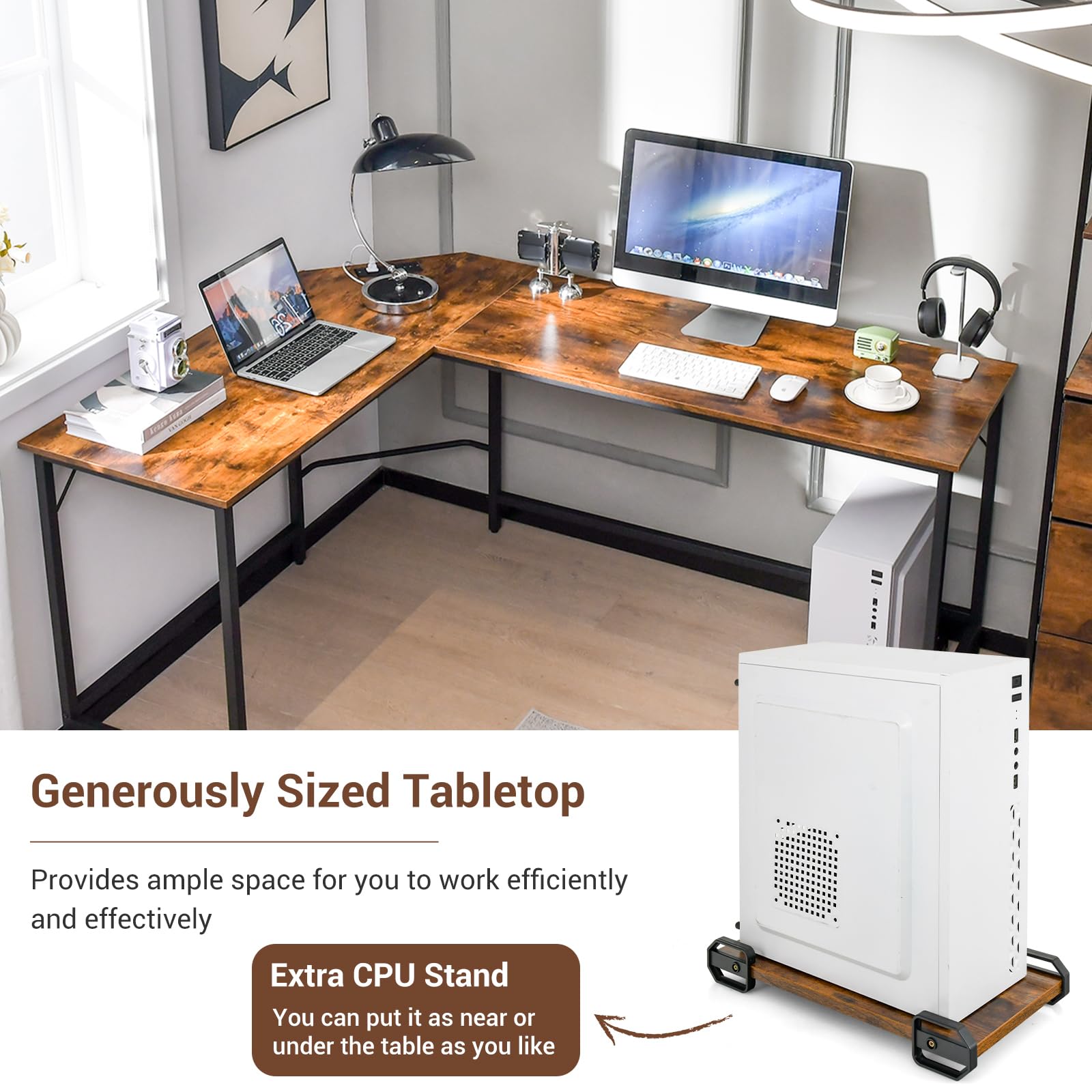 COSTWAY L-Shaped Desk with CPU Stand, 66 Inch Wooden Top Space-saving Corner Desk w/Metal Frame, Large Computer Gaming PC Desk, Writing Table Study Desk for Bedroom, Study, Office (Rustic Brown)