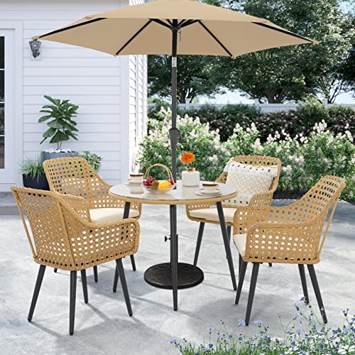 Verano Garden 5 Pieces Outdoor Dining Set, Patio Wicker Dining Chairs and Round Table Set for 4, Rust-Resistant Steel Frame Dining Set W/Umbrella Hole for Backyard, Porch, Garden, Lawn